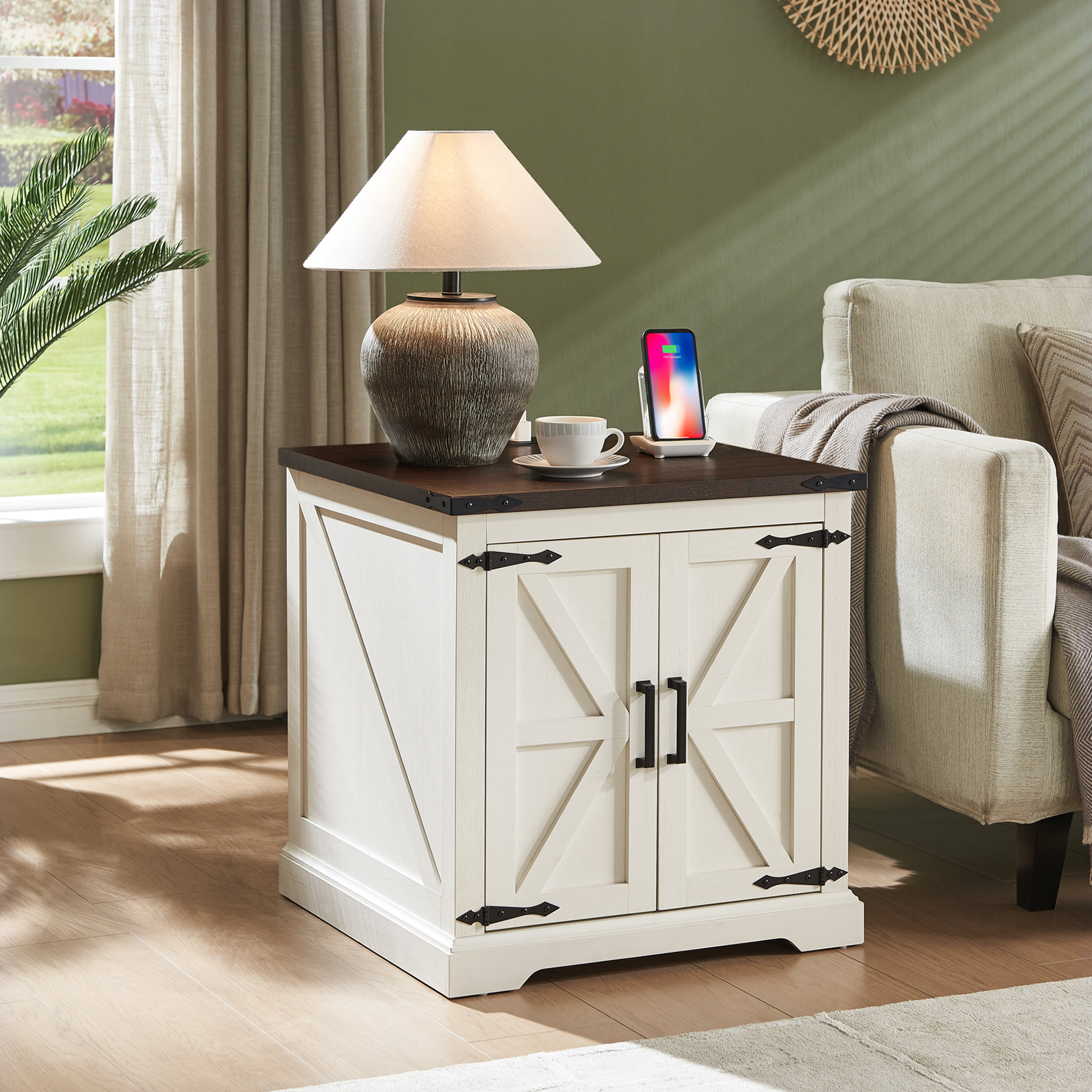 Gracie Oaks Jaimar 24"W Farmhouse Square End Table with Charging Station&Adjustable Storage ...